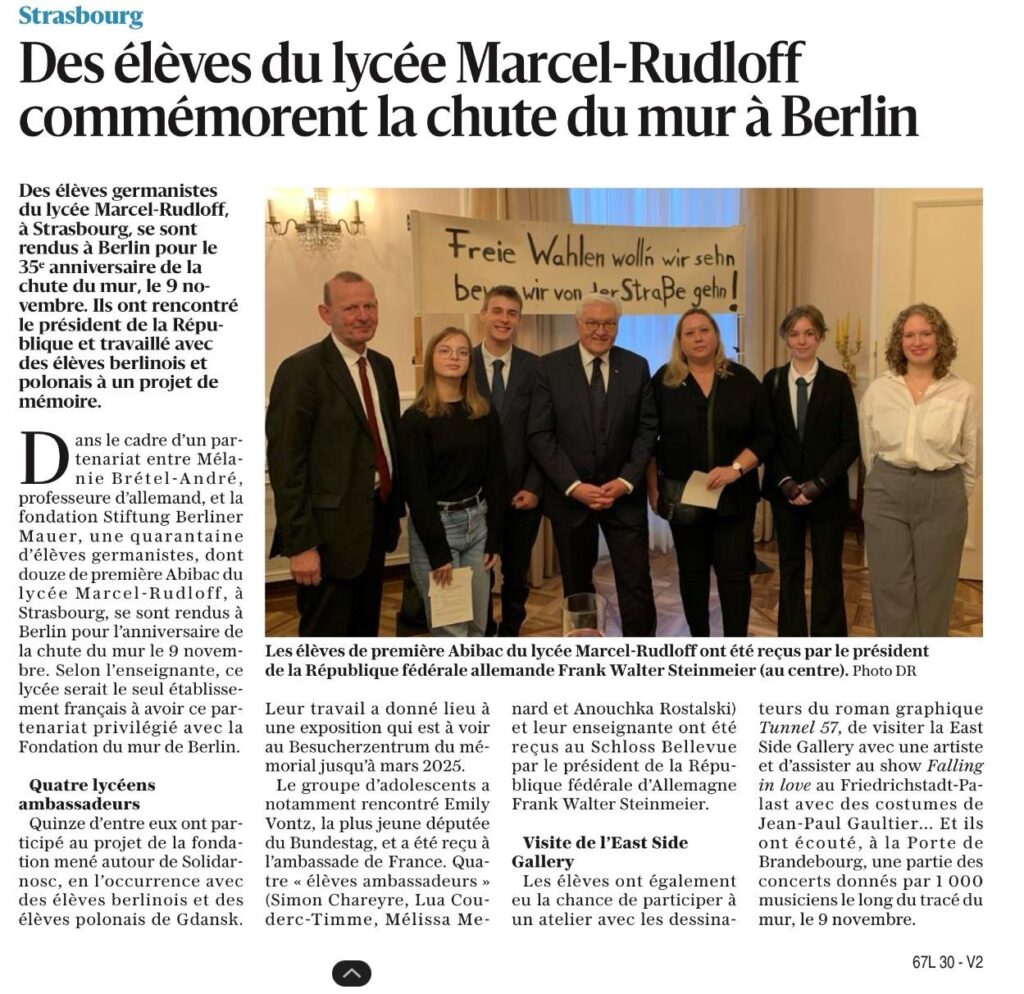 Des élèves du lycée Marcel Rudloff commémorent la chute du mur à Berlin ...